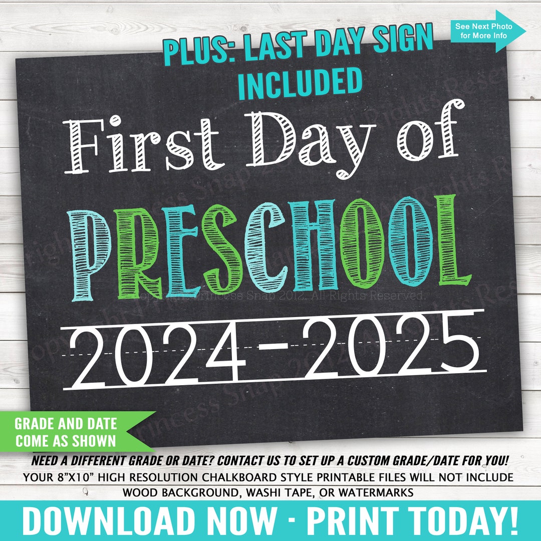Blue First Day of Preschool, 2024-2025 Photo Prop, Blue and Green First ...