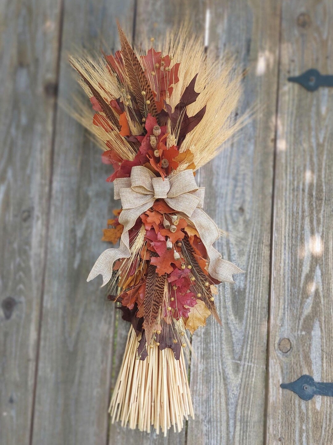 Fall Leaves Wheat Sheaf Swag: Pheasant Feathers, Burlap Ribbon Decor - Etsy