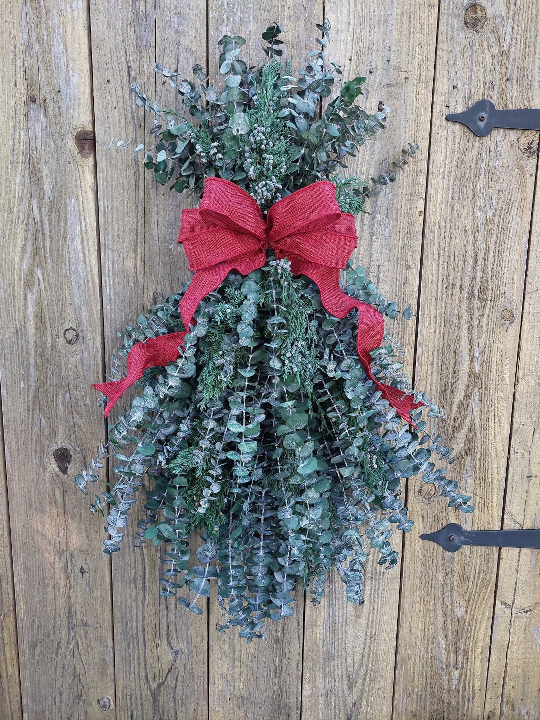Rustic Farmhouse Eucalyptus Swag With Juniper Pine and Red Burlap Bow ...