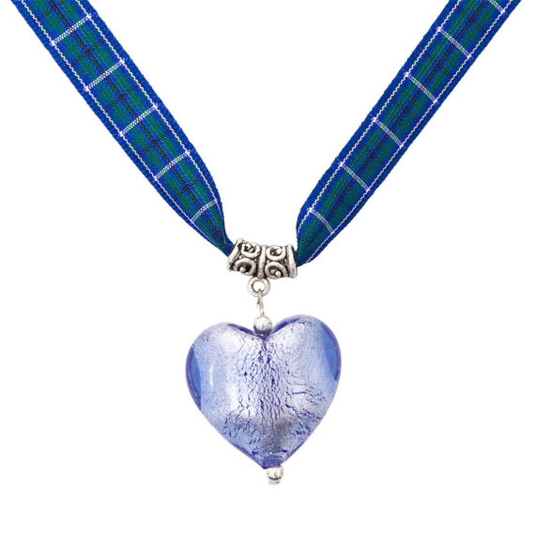 Jewel Heart Necklace on Douglas Tartan Ribbon, Scottish Heart Necklace ...