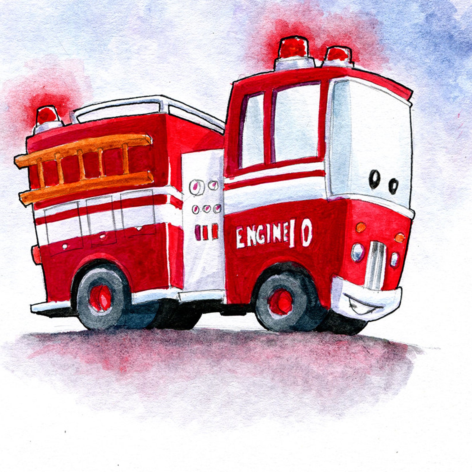 Red Fire Engine 10 - Little Red Fire Engine Watercolor Print - Etsy