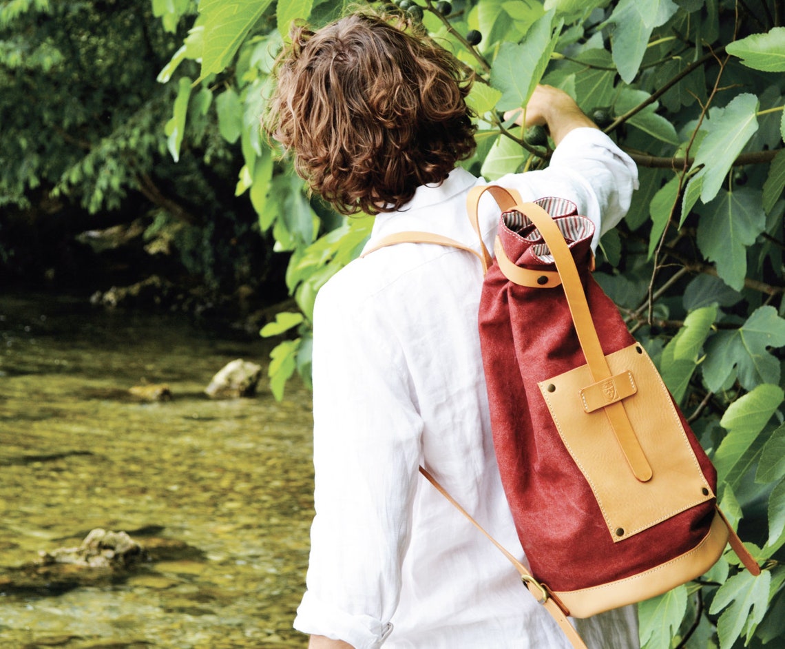 Custom LEATHER and Red Canvas BACKPACK Practical and Light | Etsy