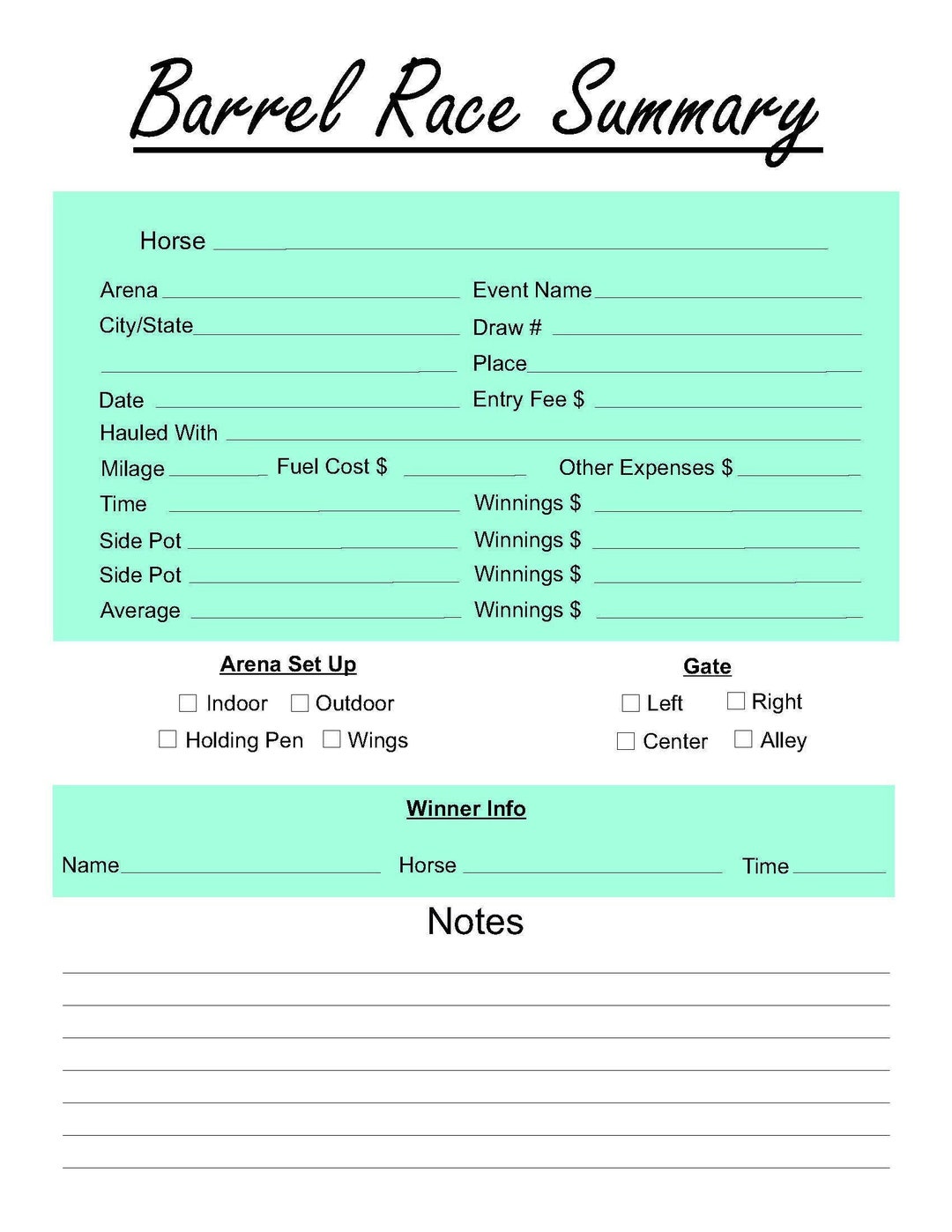 Barrel Racing Summary Template – Digital Download for Tracking Results ...