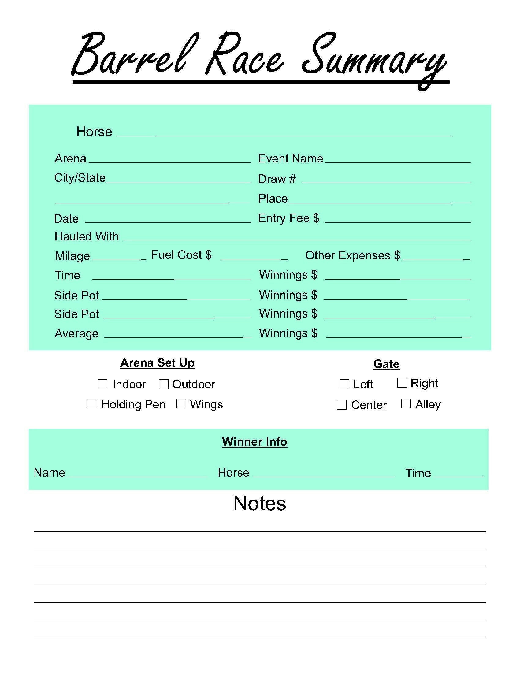 Barrel Racing Summary Template – Digital Download for Tracking Results ...