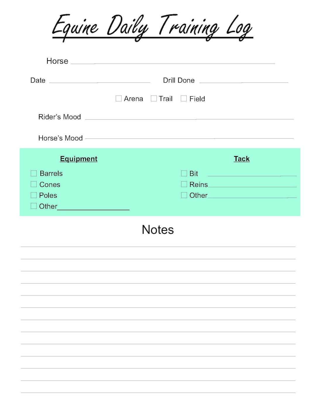 Equine Daily Training Log – Digital Download for Trainers & Horse ...