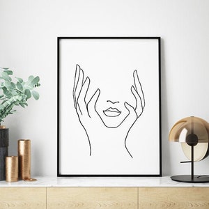 Holding Face With Hands Art Print Line Art Woman Print Linear Female ...