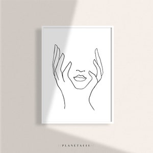 Holding Face With Hands Art Print Line Art Woman Print Linear Female ...