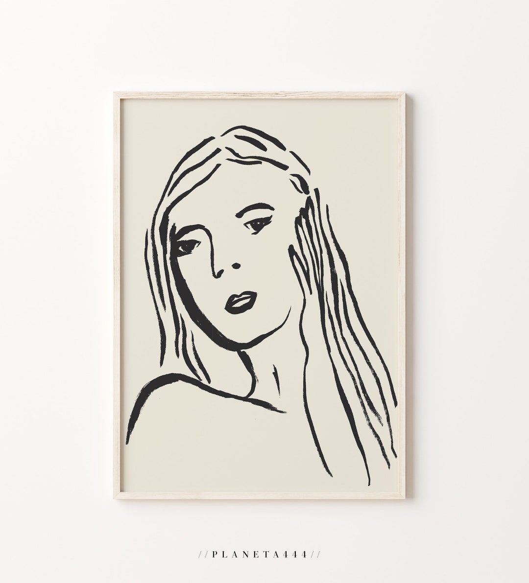 Female Face Thinker Art Print Woman Drawing Wall Art Long Hair Female ...