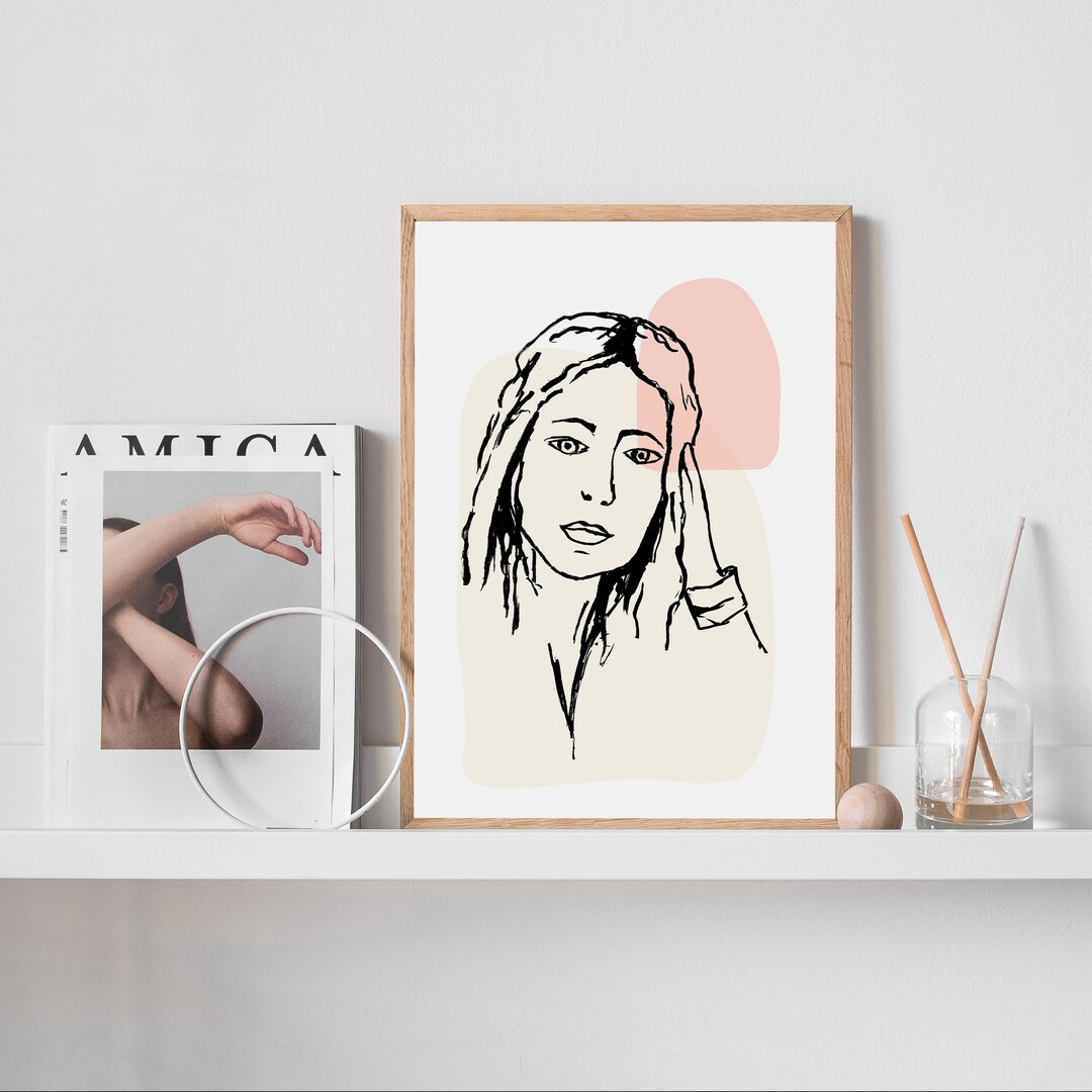 Thinking Woman Art Print Female Face Drawing Wall Art Long Hair Female ...