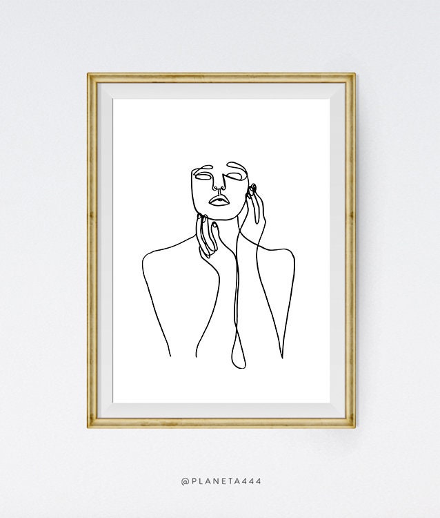 Hands Touching Face Linear Art Single Line Line Art Print | Etsy