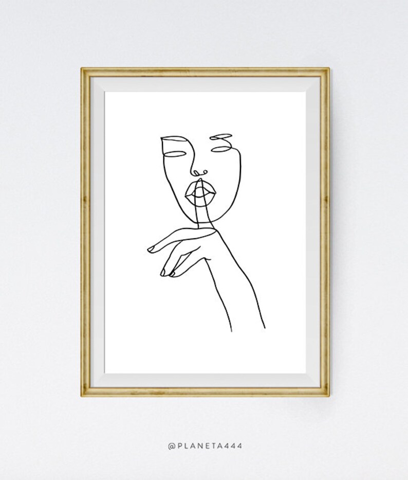 Shhh Hush Abstract Face Line Art Lips and Hand Print | Etsy