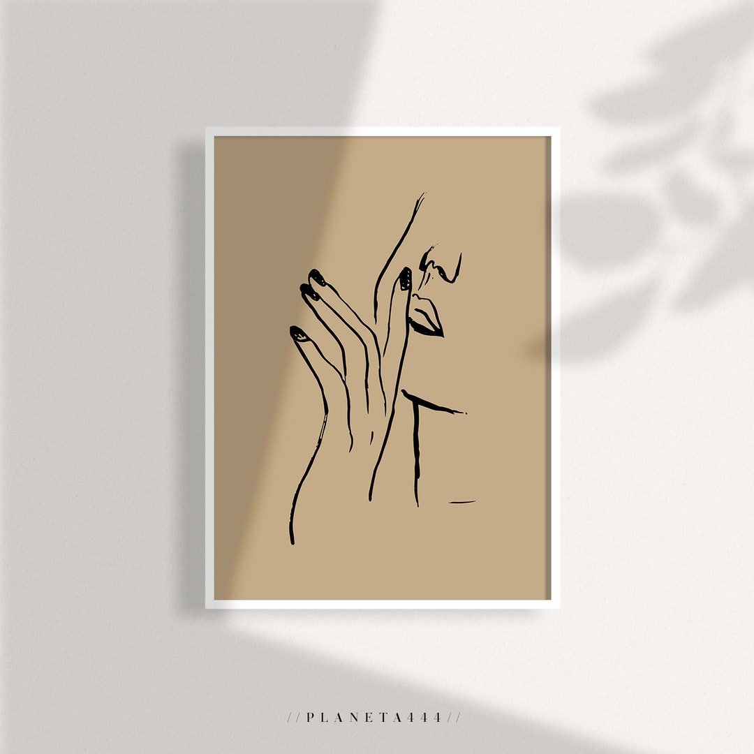 Female Lips Fingers Sketch Woman Face Line Art Print Girl Hands Hush ...