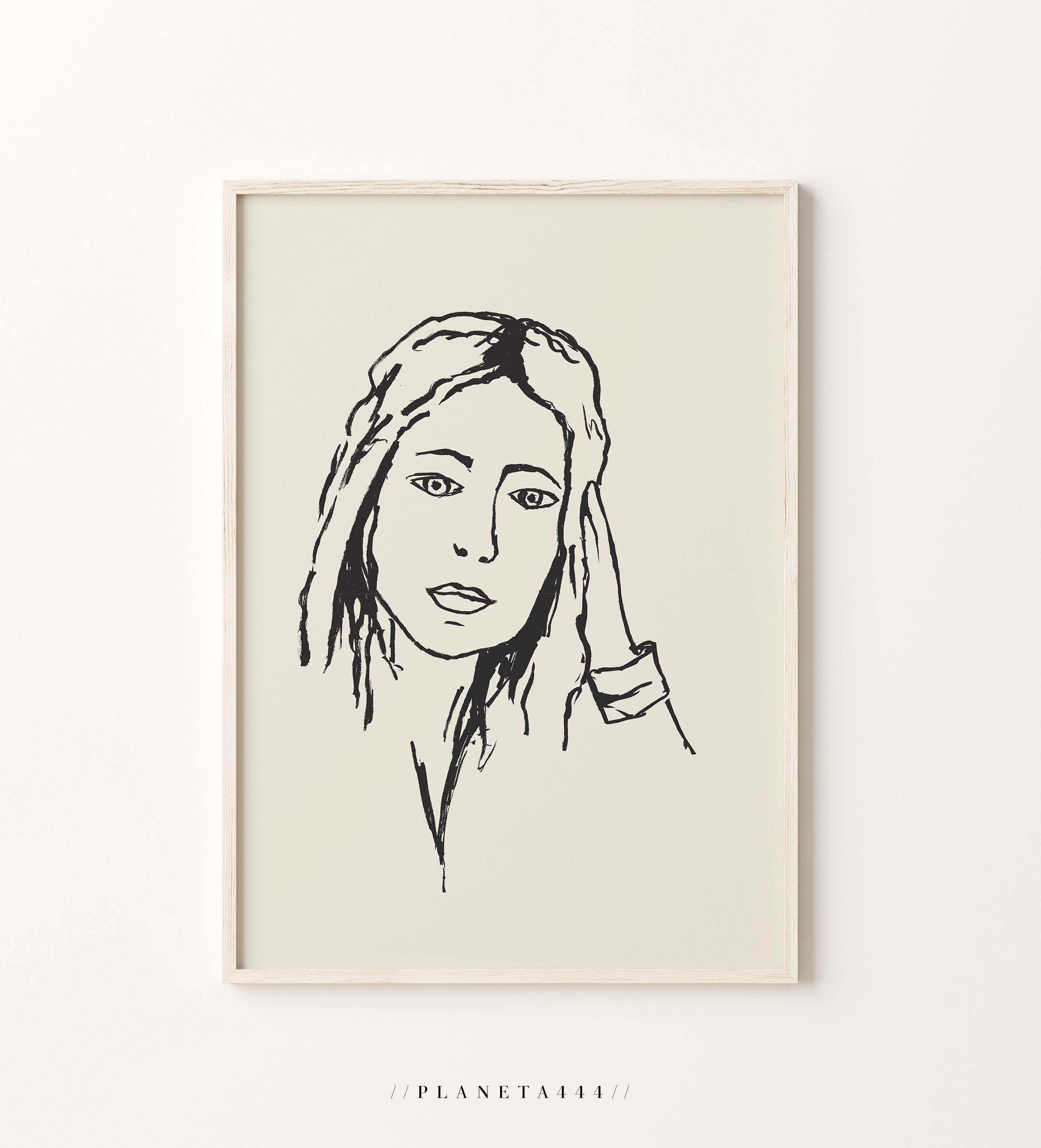 Thinking Woman Art Print Female Face Drawing Wall Art Long Hair Female ...