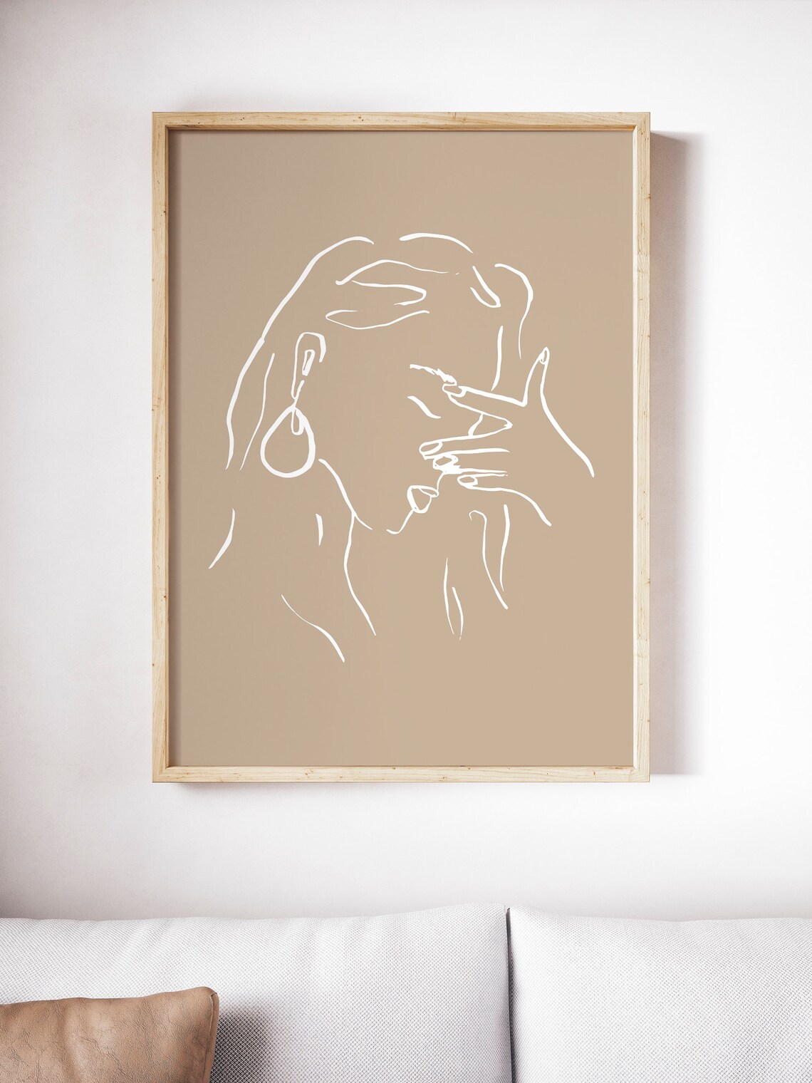 Woman Touching Face Sketch Female Line Art Print Mid Century - Etsy
