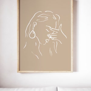 Woman Touching Face Sketch Female Line Art Print Mid Century Girl Hands ...