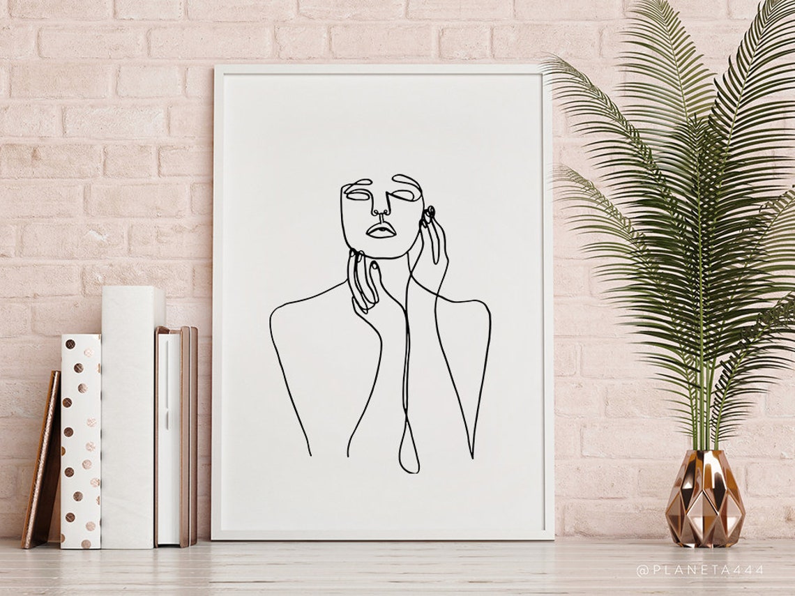 Hands Touching Face Linear Art Single Line Line Art Print | Etsy