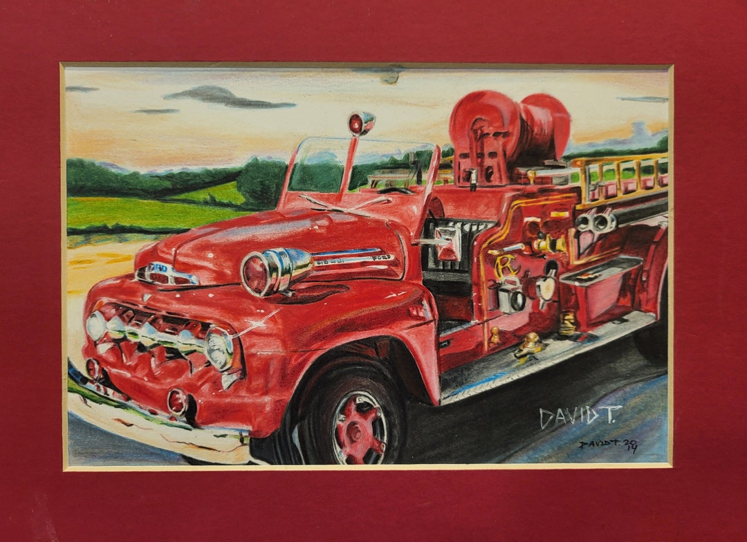 Colored Pencil Drawing of a Pretty Red Fire Engine Ready to Go - Etsy