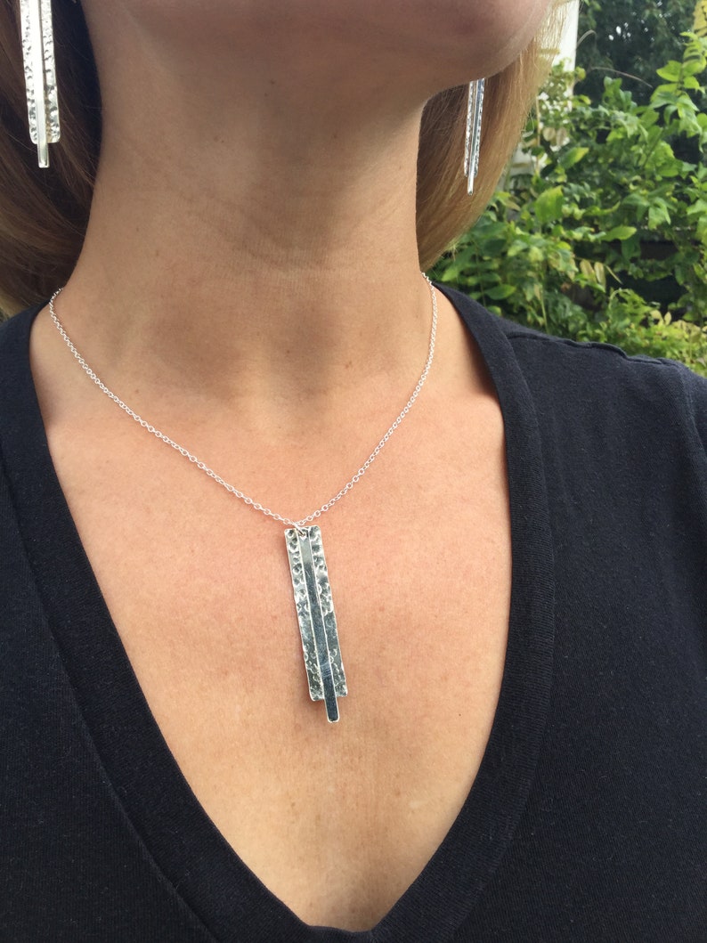 Sterling Silver Bar Necklace, Silver Pendant, Art Deco Hammered Silver ...
