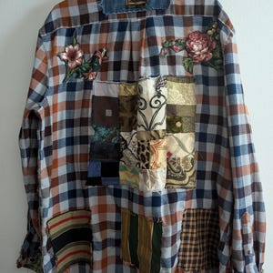 Upcycled Flannel Shirt Men's Size XXL Blue and Rust Fabric Patches Art ...