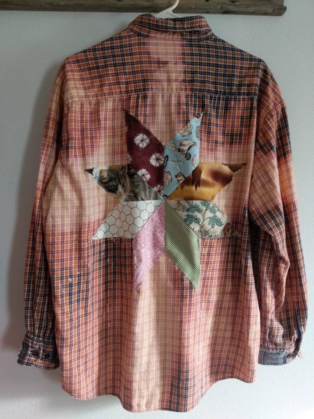 Bleached Flannel Shirt Men's Size Large Flannel Patch Cuffs Quilt Block ...