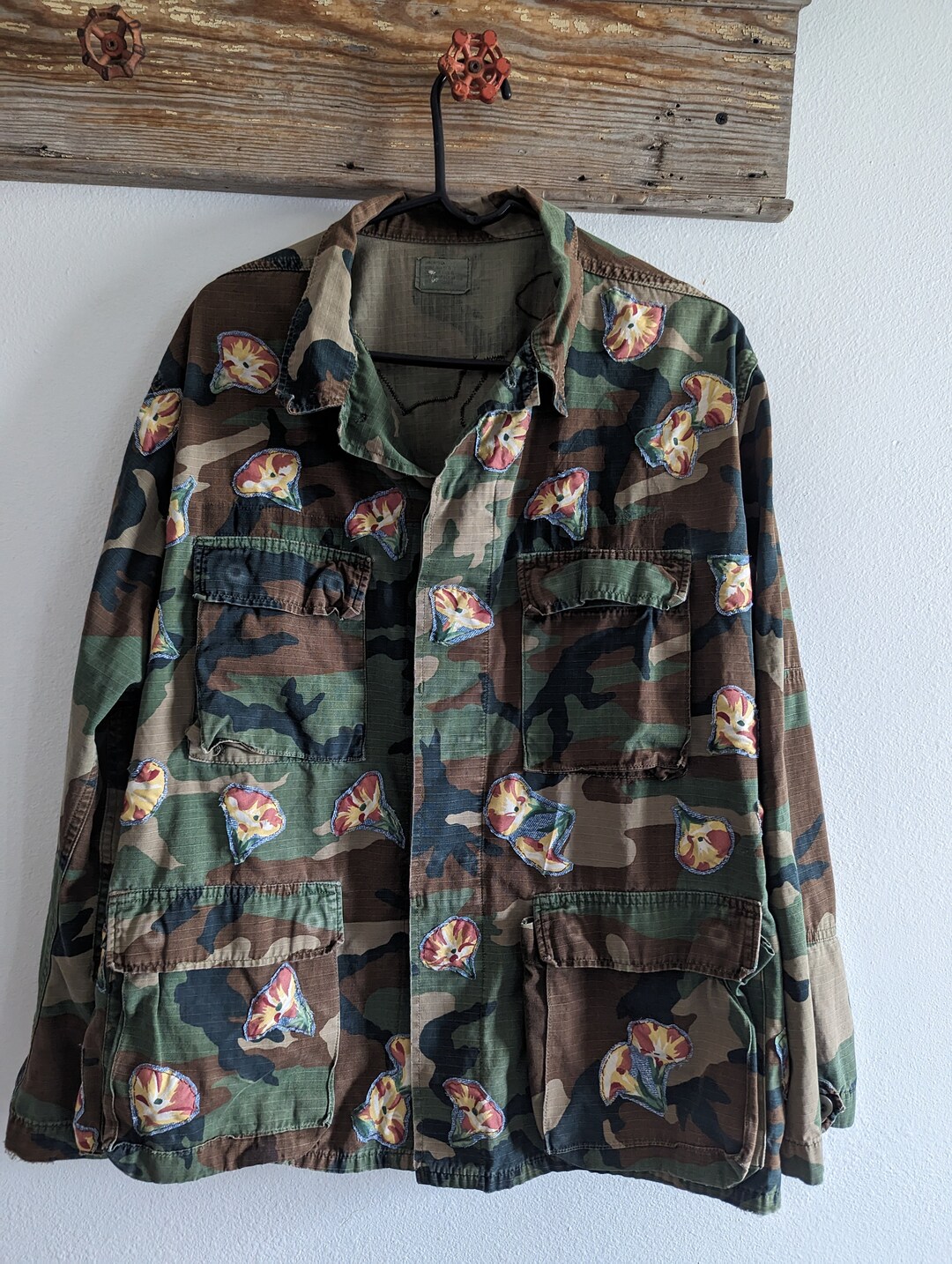 Vintage Army Jacket Upcycle Hand Stitched Flowers Camo Jacket - Etsy