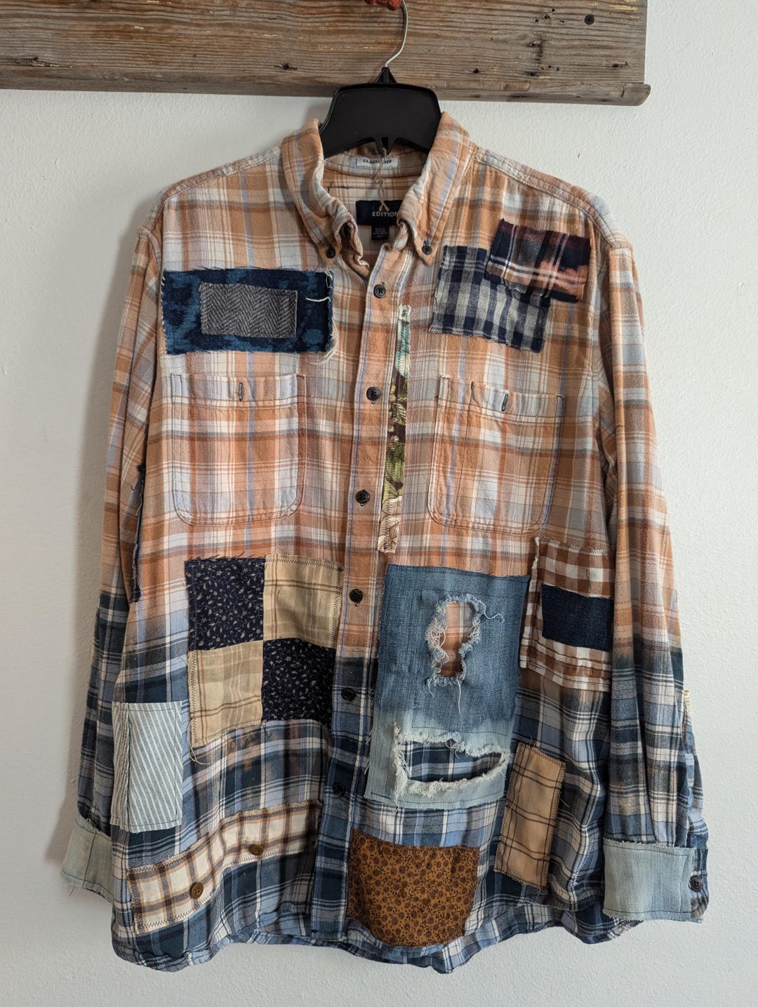 Bleach Distressed Flannel Shirt Men's Size XLT Floral Patch Denim ...
