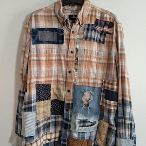 Bleach Distressed Flannel Shirt Men's Size XLT Floral Patch Denim ...