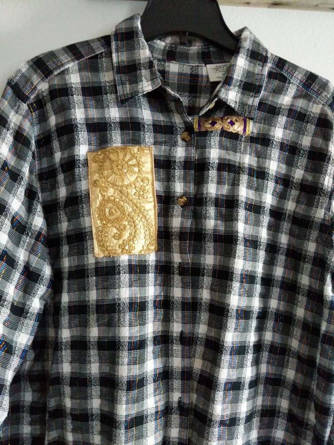 Women's XL Cotton Top Vintage Fabric Patch Flannel Patch Cuffs ...