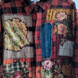 Bleach Dye Upcycled Flannel Shacket: XXL Tall Orange Plaid, Floral ...