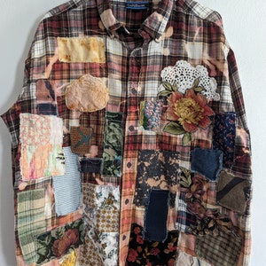 Bleach Dyed Flannel Shirt Men's Size XL Rust Dyed Patches Vintage Quilt ...