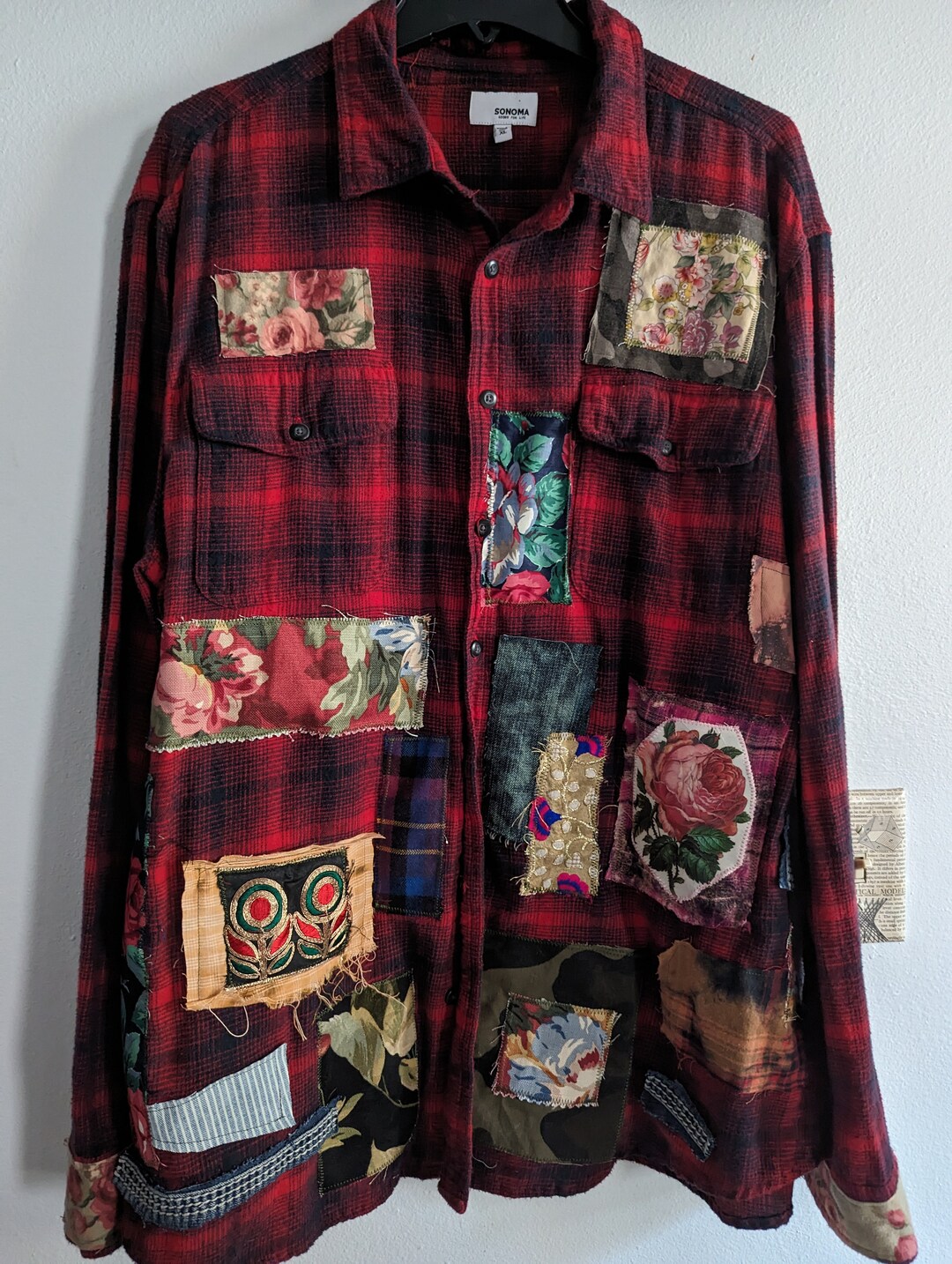 Red Flannel Shirt Vintage Raspberry Back Patch Men's Size XL Roses and ...