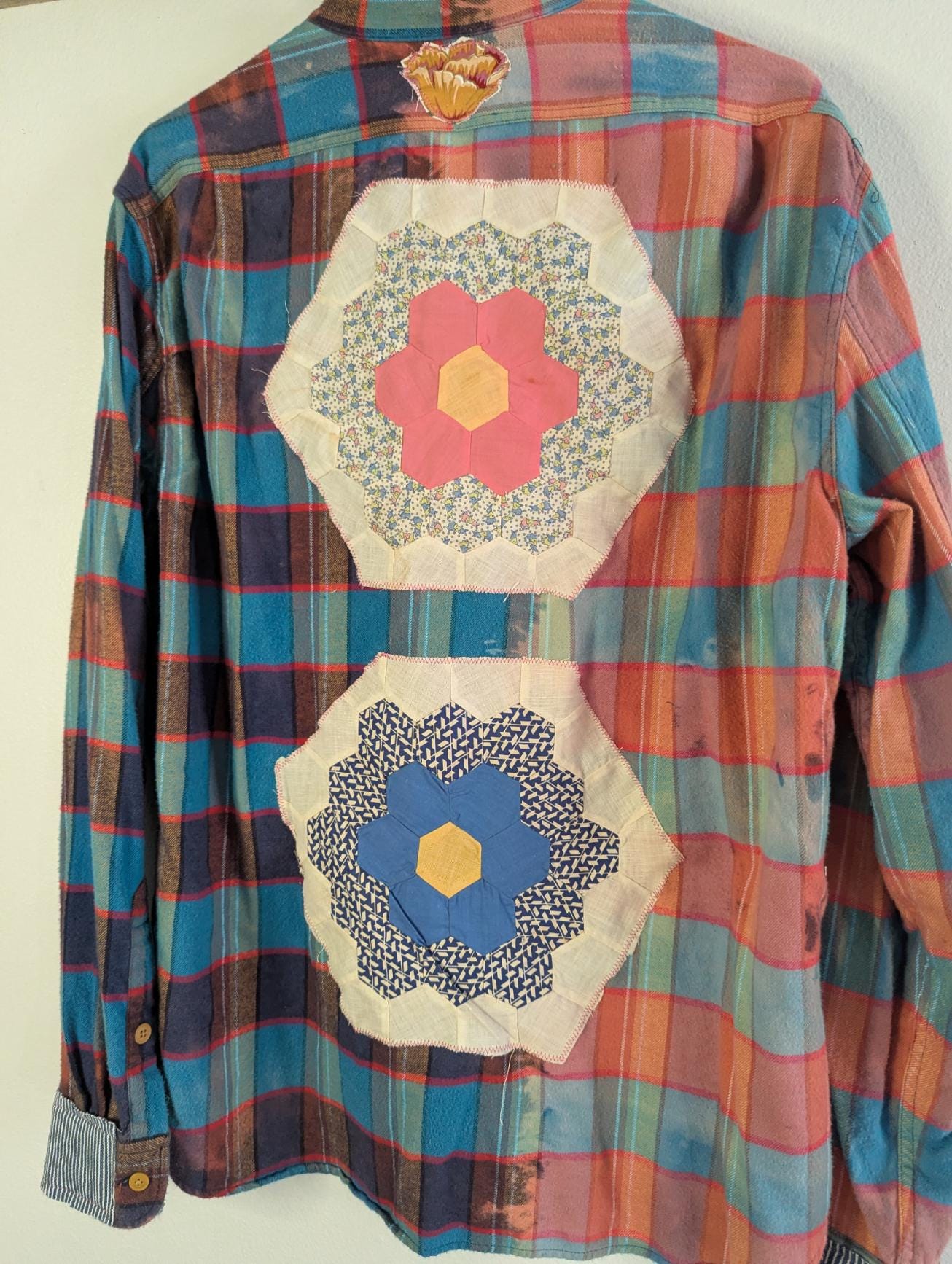 Bleach Distressed Flannel Shirt Men's Size XL Quilt and Floral Patches ...