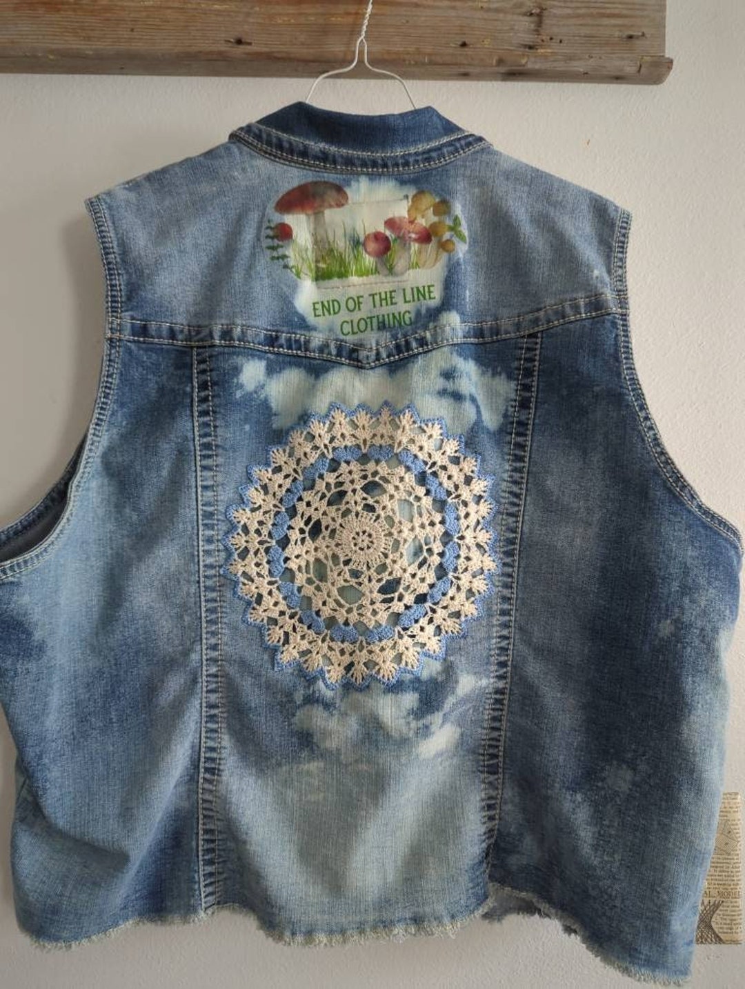 Bleach Dyed Denim Vest Vintage Crochet Doily - Etsy
