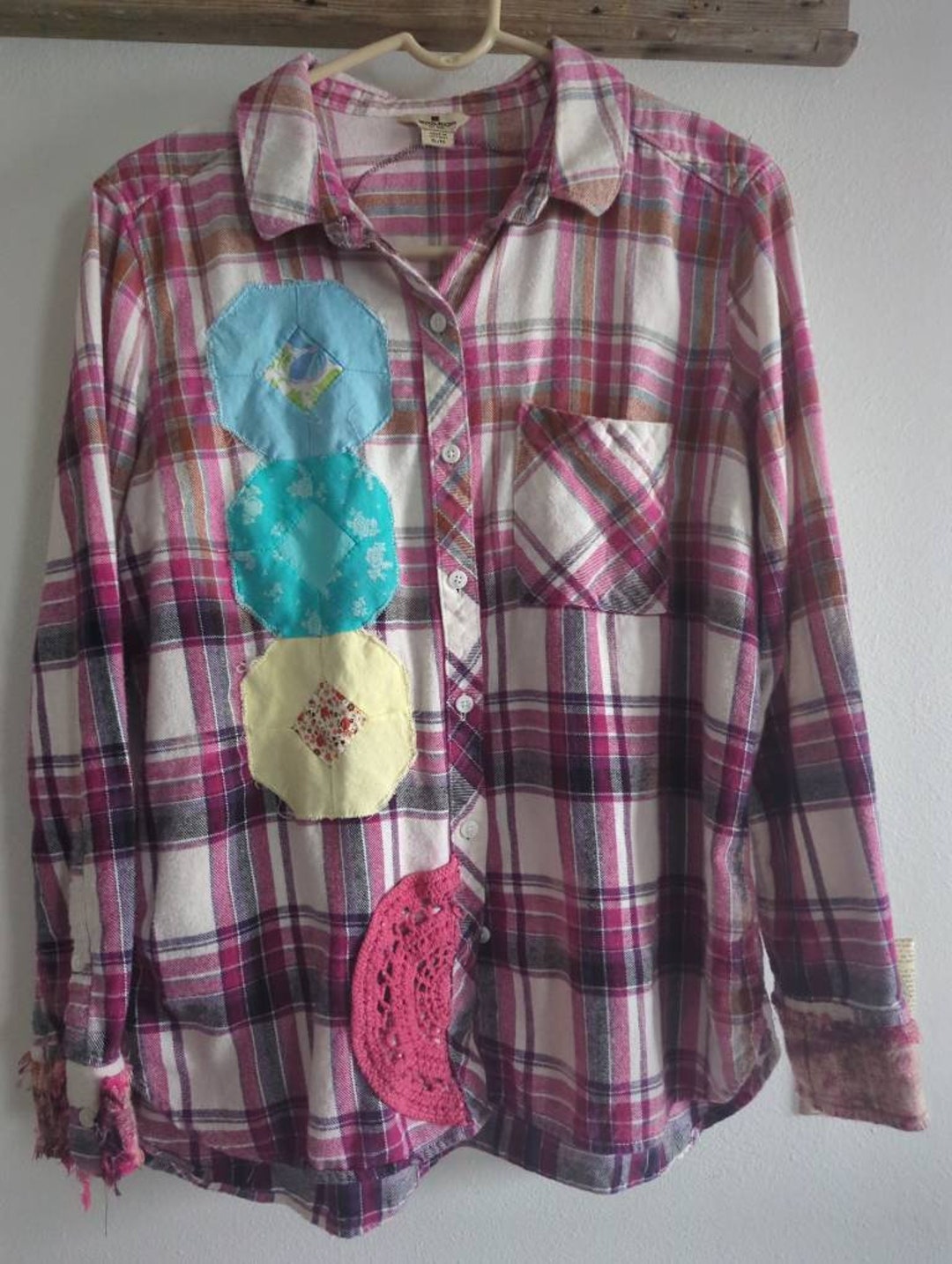 Bleach Distressed Flannel Shirt Women's Size XL Vintage Quilt Patches ...