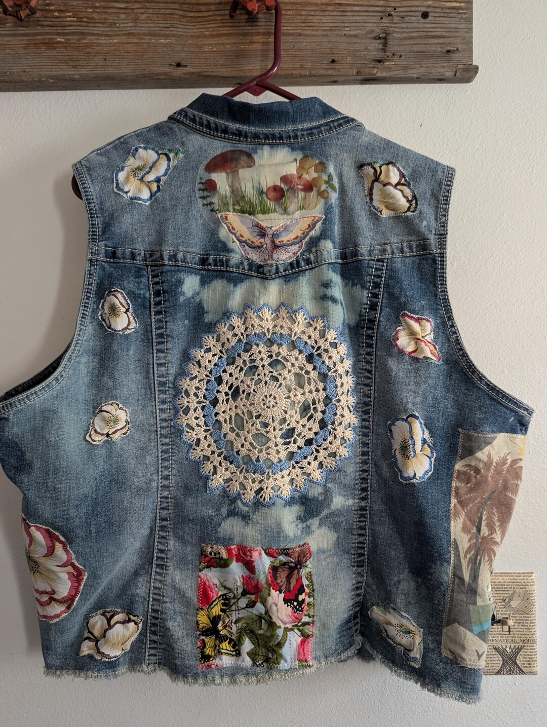Bleach Dyed Denim Vest Vintage Crochet Doily - Etsy
