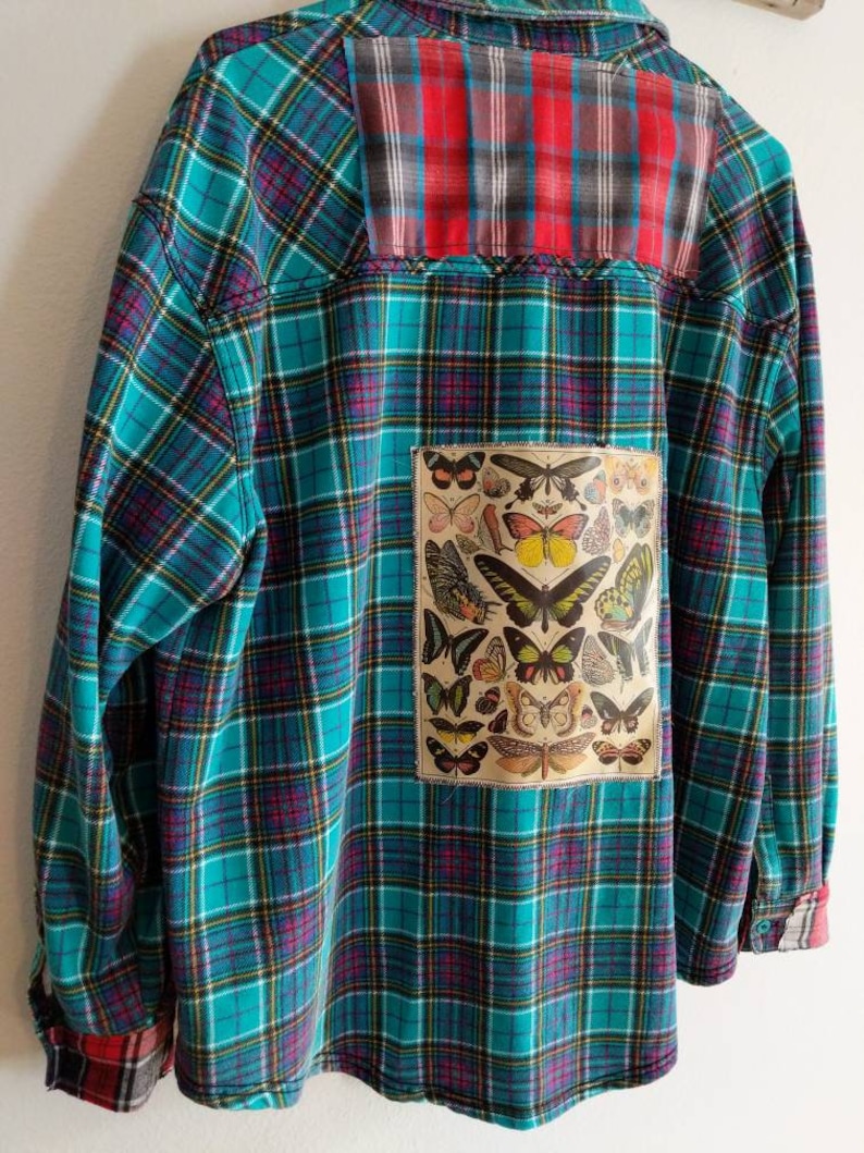 Upcycled Clothing Custom Fleece Shirt Flannel Patches Butterfly Back ...