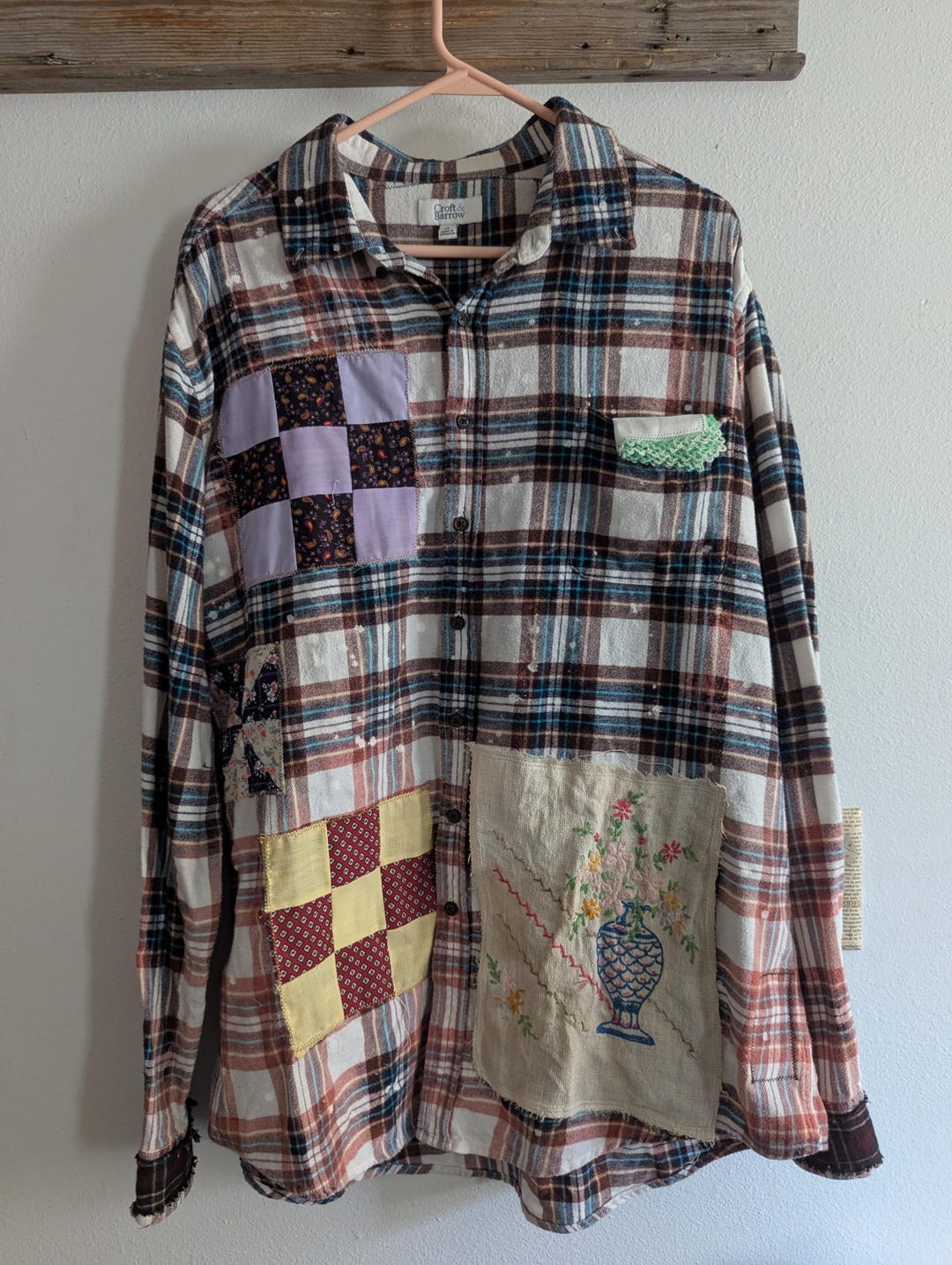 Bleach Distressed Upcycled Flannel Shirt: Vintage Quilt Patches, Men's ...