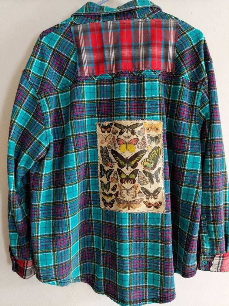Upcycled Clothing Custom Fleece Shirt Flannel Patches Butterfly Back ...