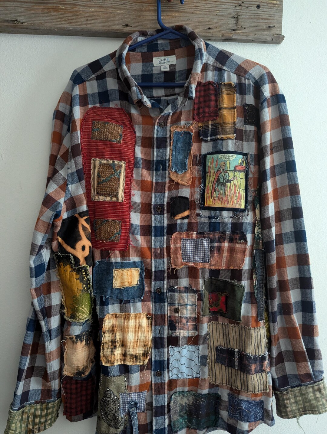 Upcycled Flannel Shirt Men's Size XXL Blue and Rust Fabric Patches Art ...