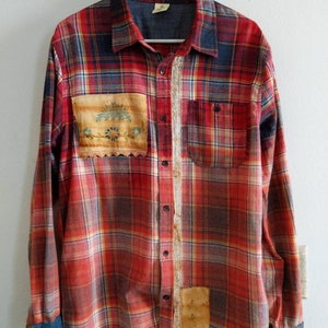 Bleach Distressed Flannel Shirt Women's Size L Rusted Fabric Patches ...