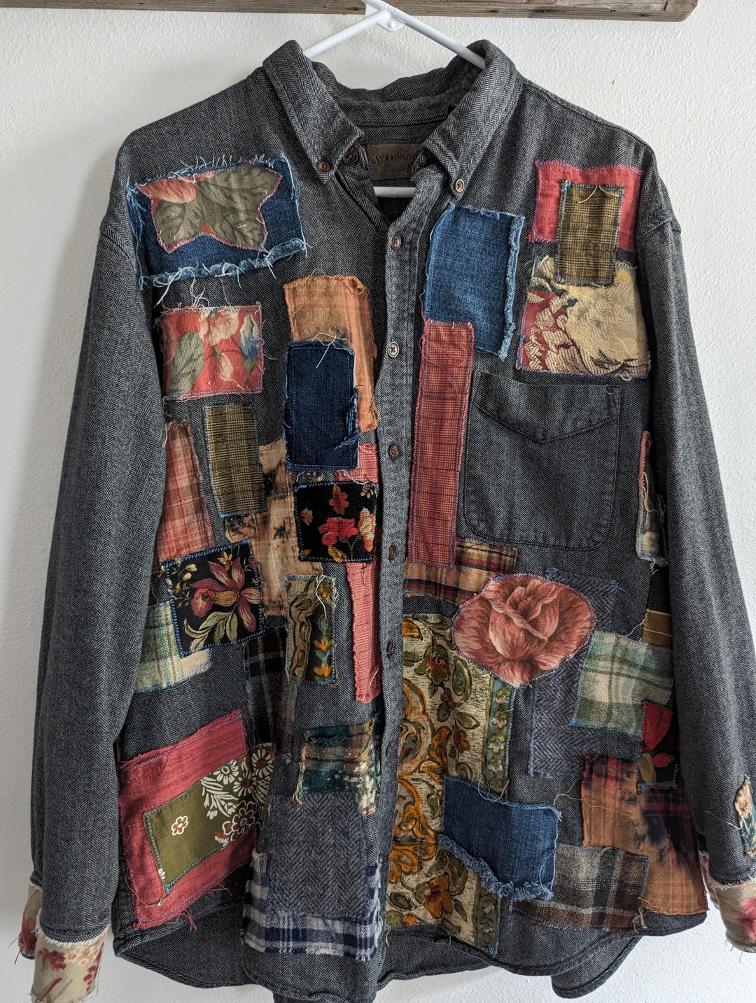 Upcycled Flannel Shirt Men's Size XL Medium Weight With Various Fabric ...