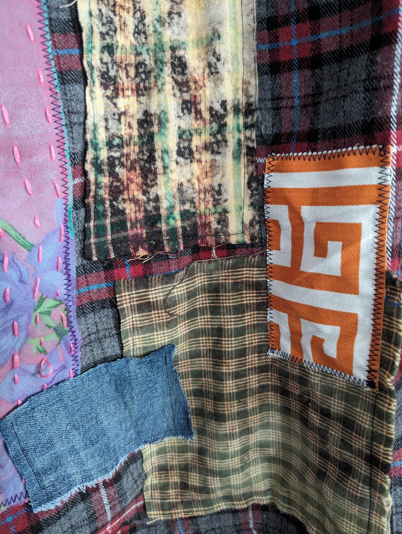 Hand-painted Hooded Flannel Shirt: Denim Patches, Women's Medium - Etsy