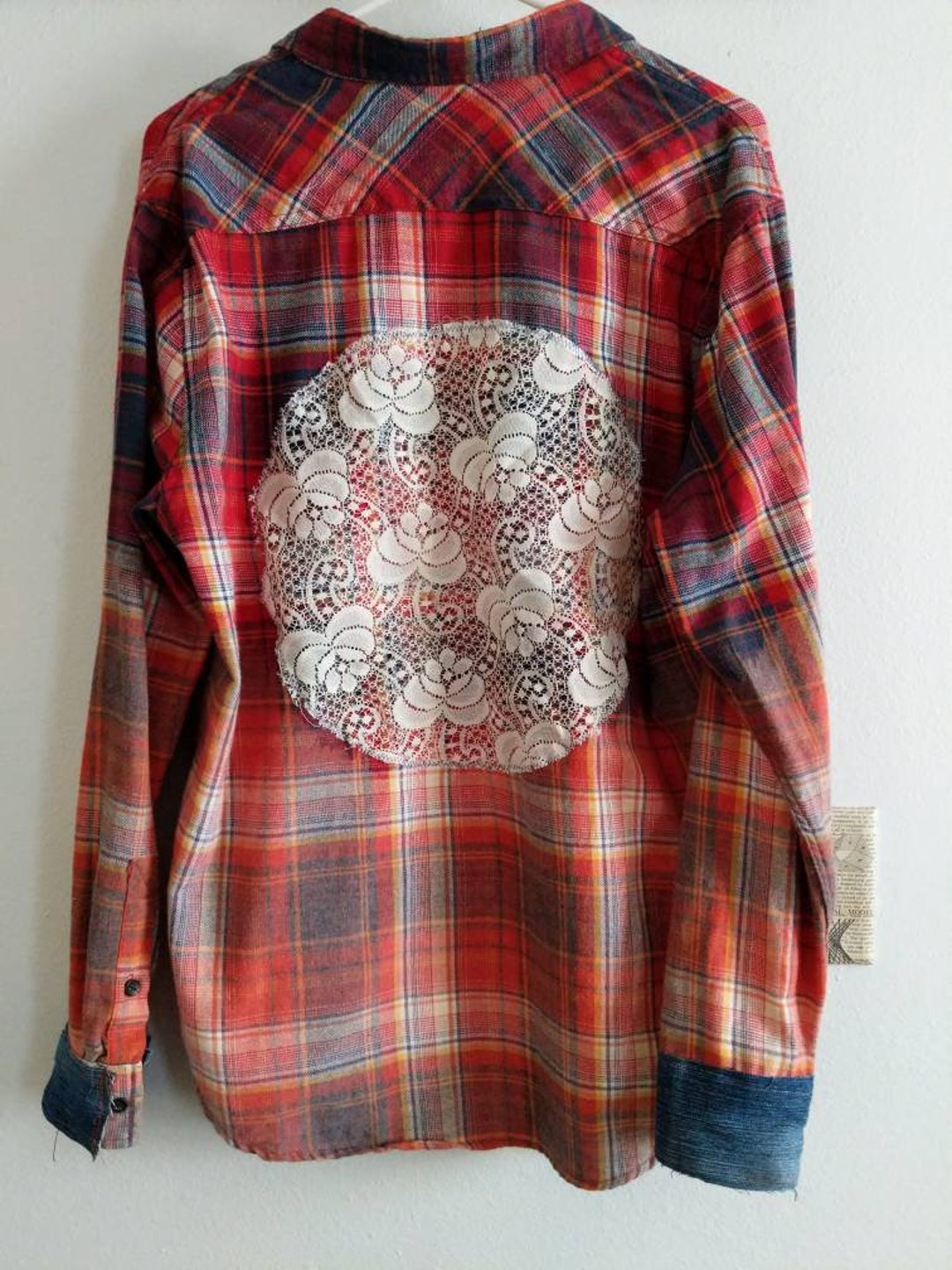 Bleach Distressed Flannel Shirt Women's Size L Rusted Fabric Patches ...