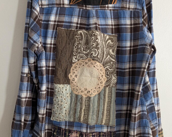 Upcycled Flannel Shirt Women's Size XL Quilt Patches Bleached Flannel ...