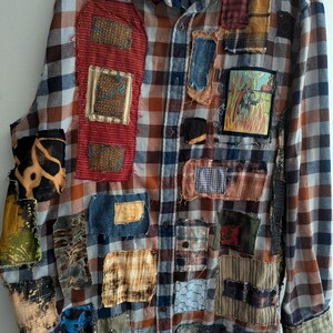 Upcycled Flannel Shirt Men's Size XXL Blue and Rust Fabric Patches Art ...