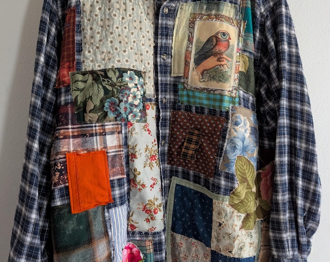 Upcycled Flannel Shirt Men's Size XL First Shirt of 2025 Bird Cat ...