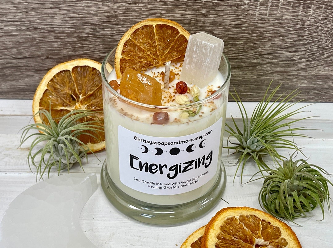 Energizing Crystal Candle: Luxury Soy Wax With Citrine & Selenite - Etsy