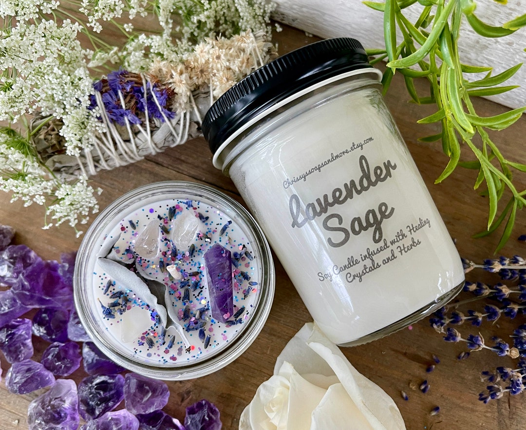 Lavender Sage Crystal Candle - Soy Candle - Herbal Candle - Amethyst ...