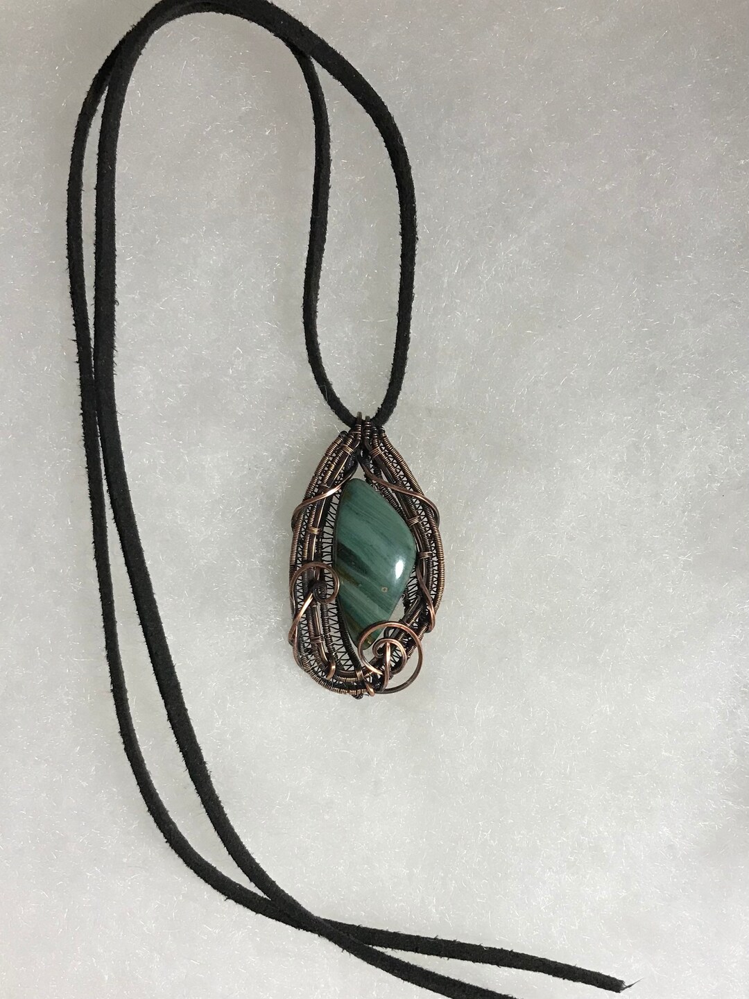 1 7/8 Long Larsonite Copper Wire Wrap Necklace Green Larsonite Jasper ...