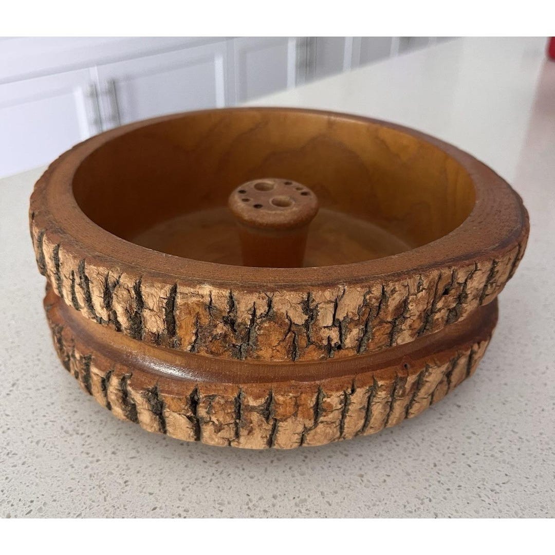Vintage Wood Tree Bark Nut Bowl Handmade Rustic Cabin 8-1/2" X 3-1/2 ...